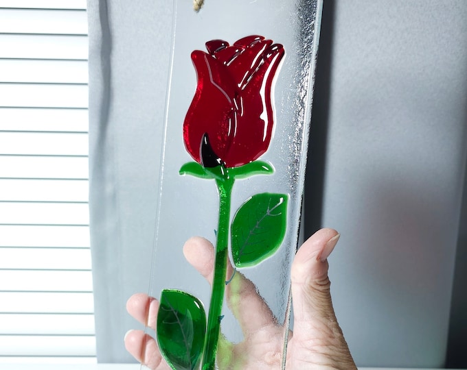 Long Red Rose Suncatcher, Handmade Flower Panel, 10 Inch Glass ...