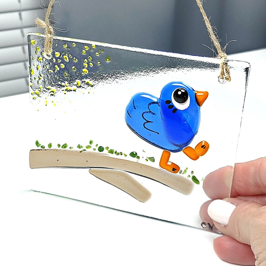 Funny Blue Bird Falling off a Limb Suncatcher, Glass Birds, Handmade ...
