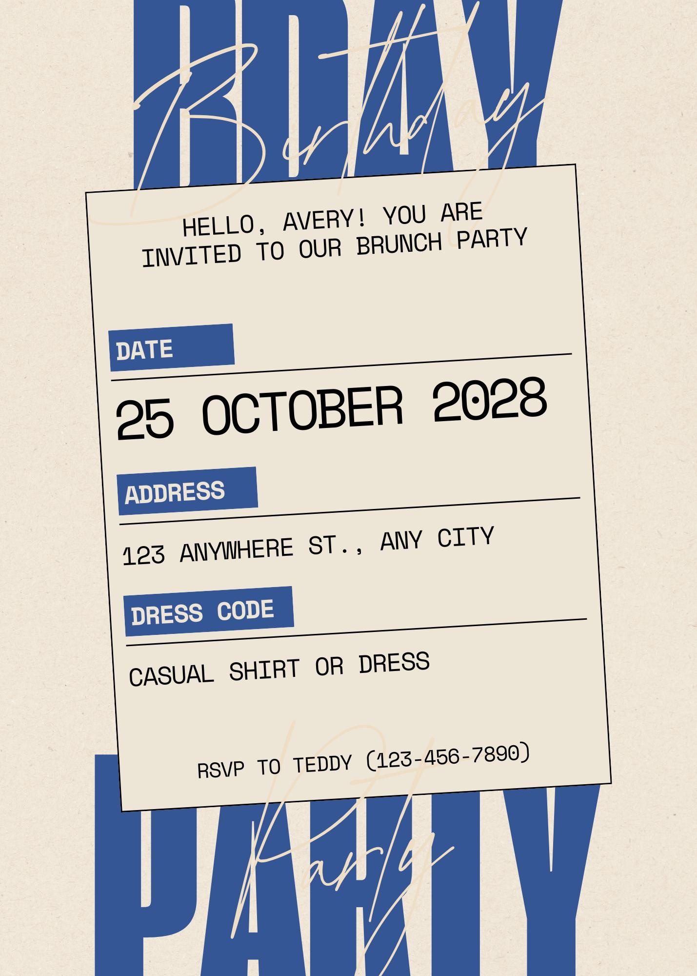 Blue Beige Bold Simple Birthday Party Invitation - Etsy