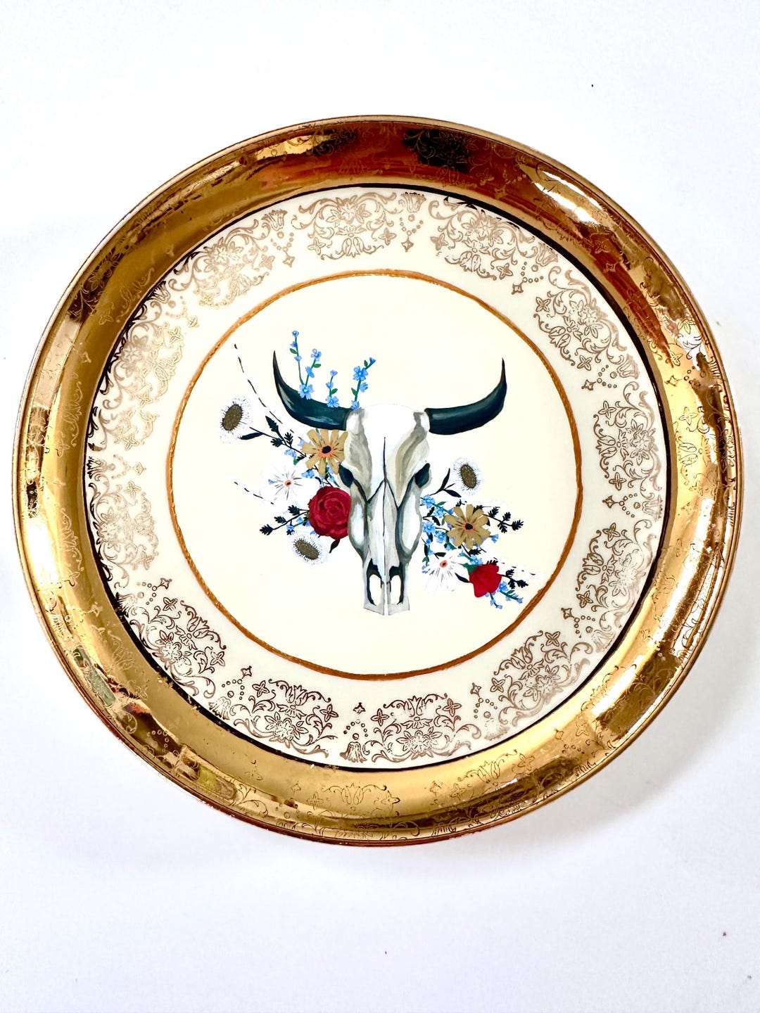 Floral Ox Skull Plate, Western Decor, Gold Rim Porcelain Plate - Etsy