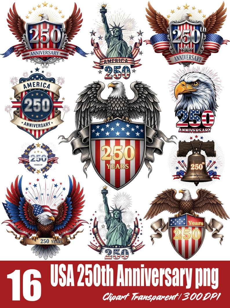 USA 250th Anniversary Clipart Bundle (PNG), Patriotic Eagle, Statue of ...