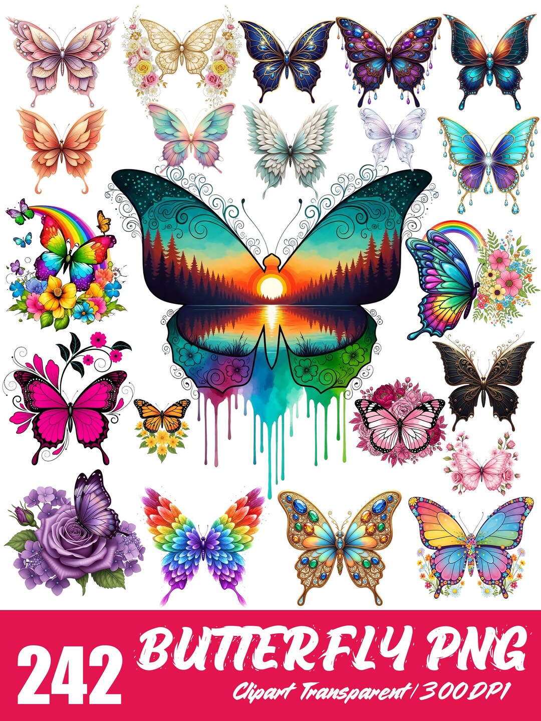 Watercolor Butterfly Clipart Bundle: Rainbow, Lilac, Gold (PNG Digital ...