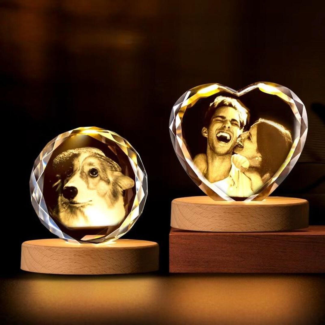 Personalized Heart 3D Crystal Photo Portrait Led,engraved Crystal Photo ...