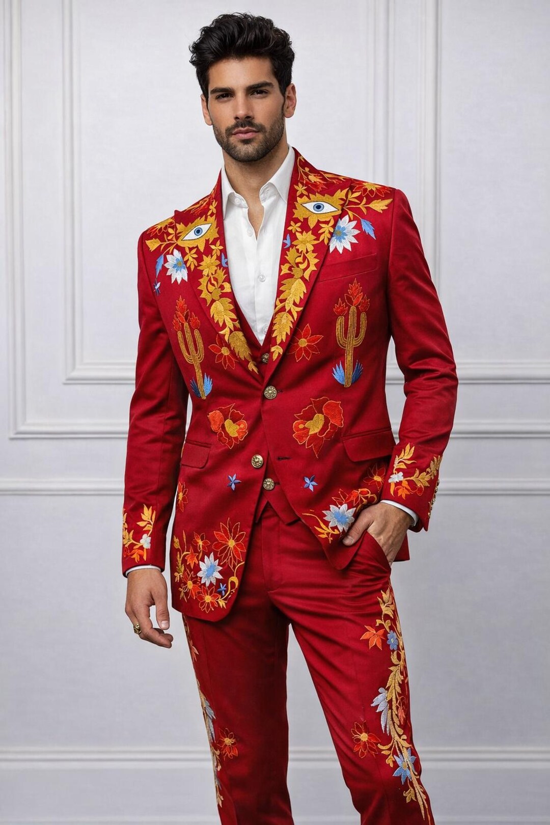 Red Embroidered Western Suit | Cactus & Eye Motif Cowboy Outfit - Etsy