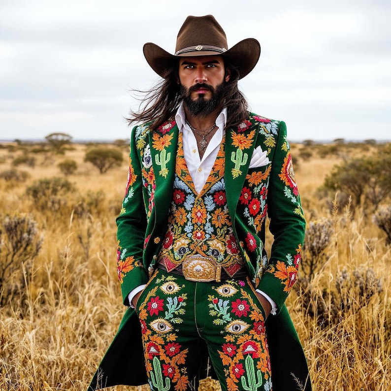 Men’s Green Embroidered Western Suit | All-seeing Eye & Cactus Outfit ...