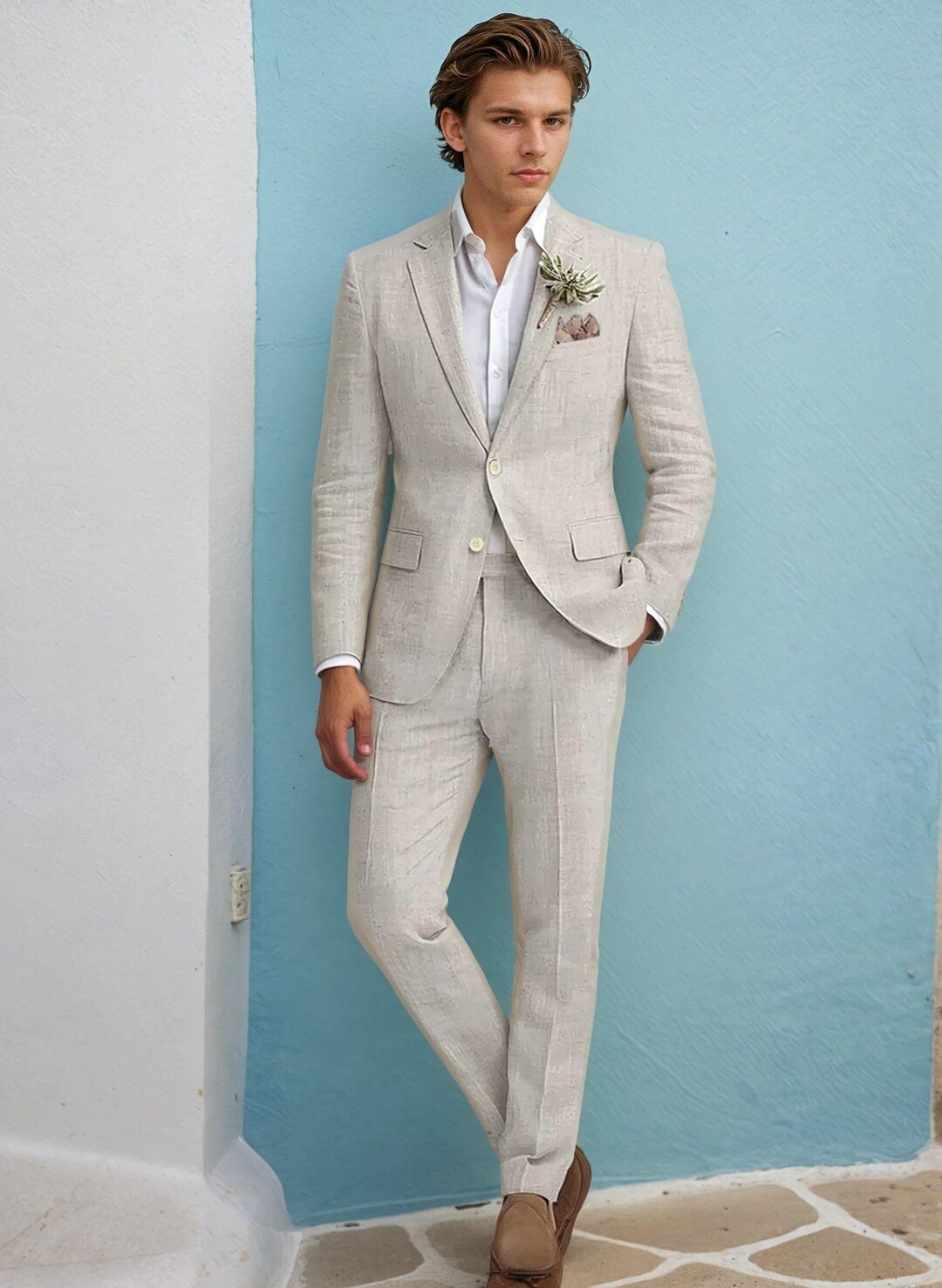 Beige Linen 2-piece Suit for Men | Beach Wedding Outfit | Prom & Party ...