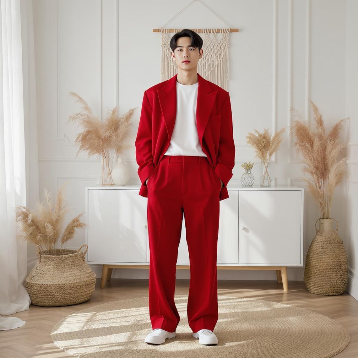 Red Korean Oversized Blazer Suit, Wide Leg Pants, Custom Streetwear - Etsy