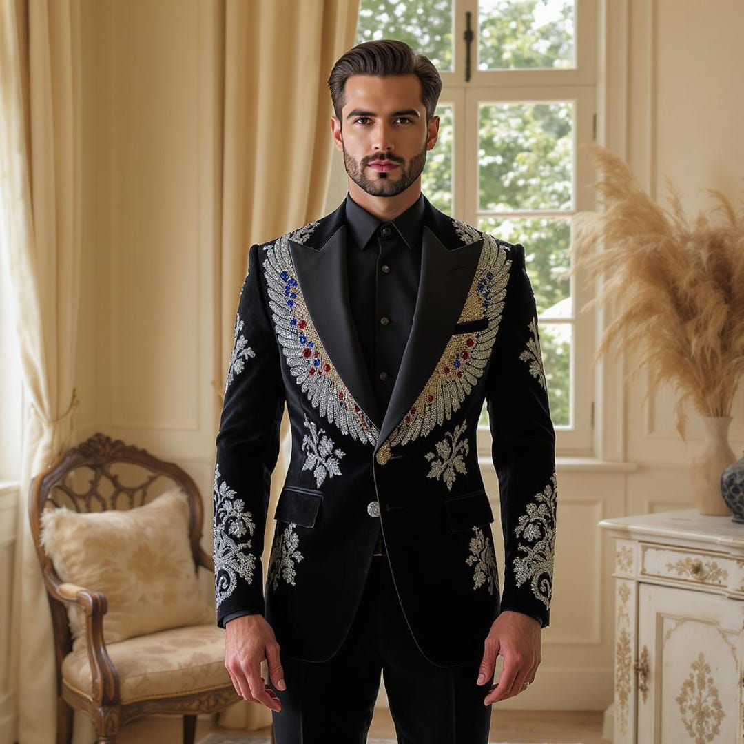 Black Embroidered Rodeo Eagle Tuxedo for Men | Bespoke Designer Suit ...