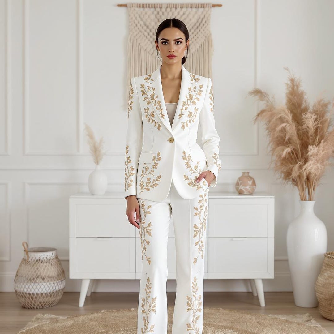 White Hand Embroidered Rodeo Tuxedo for Women | Bespoke Western Suit ...