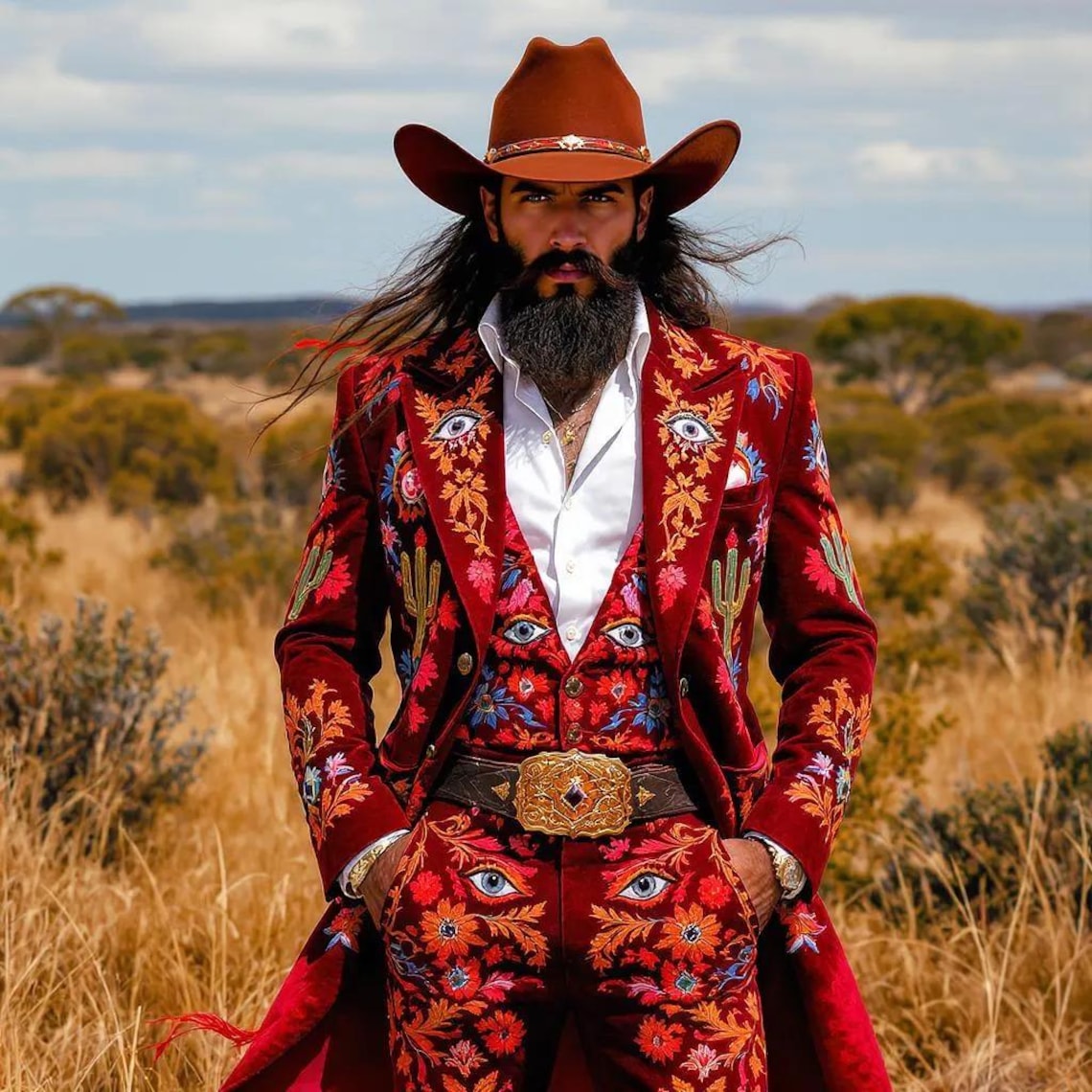 Embroidered Red Western Suit | Cactus & Eye Motif Cowboy Outfit - Etsy