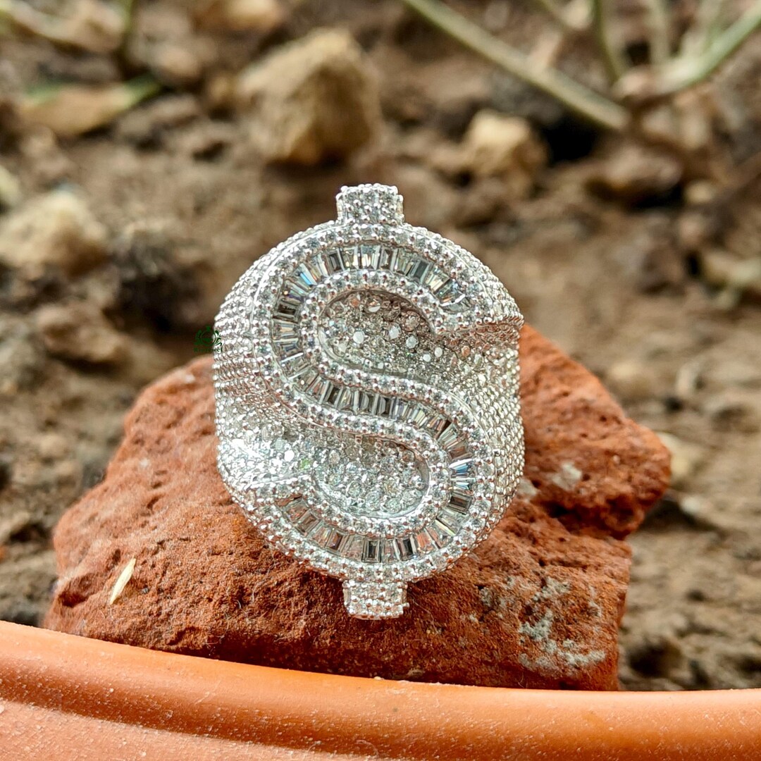 Iced Out Dollar Sign Ring Hip Hop Statement Ring Baguette & Round ...