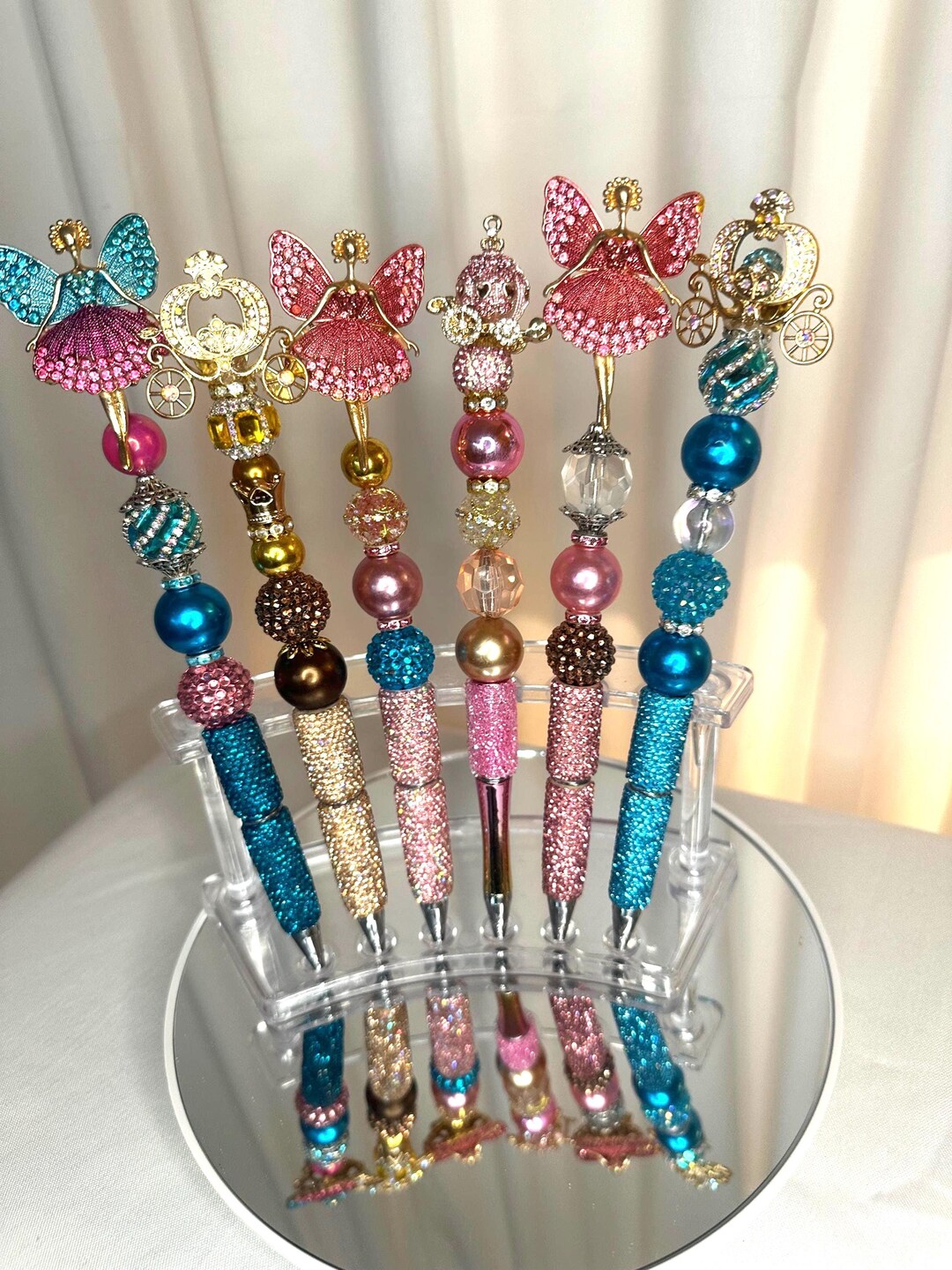 Pink, Turquoise Aqua Fairy and Carriage Beaded Pen Set: Whimsical ...