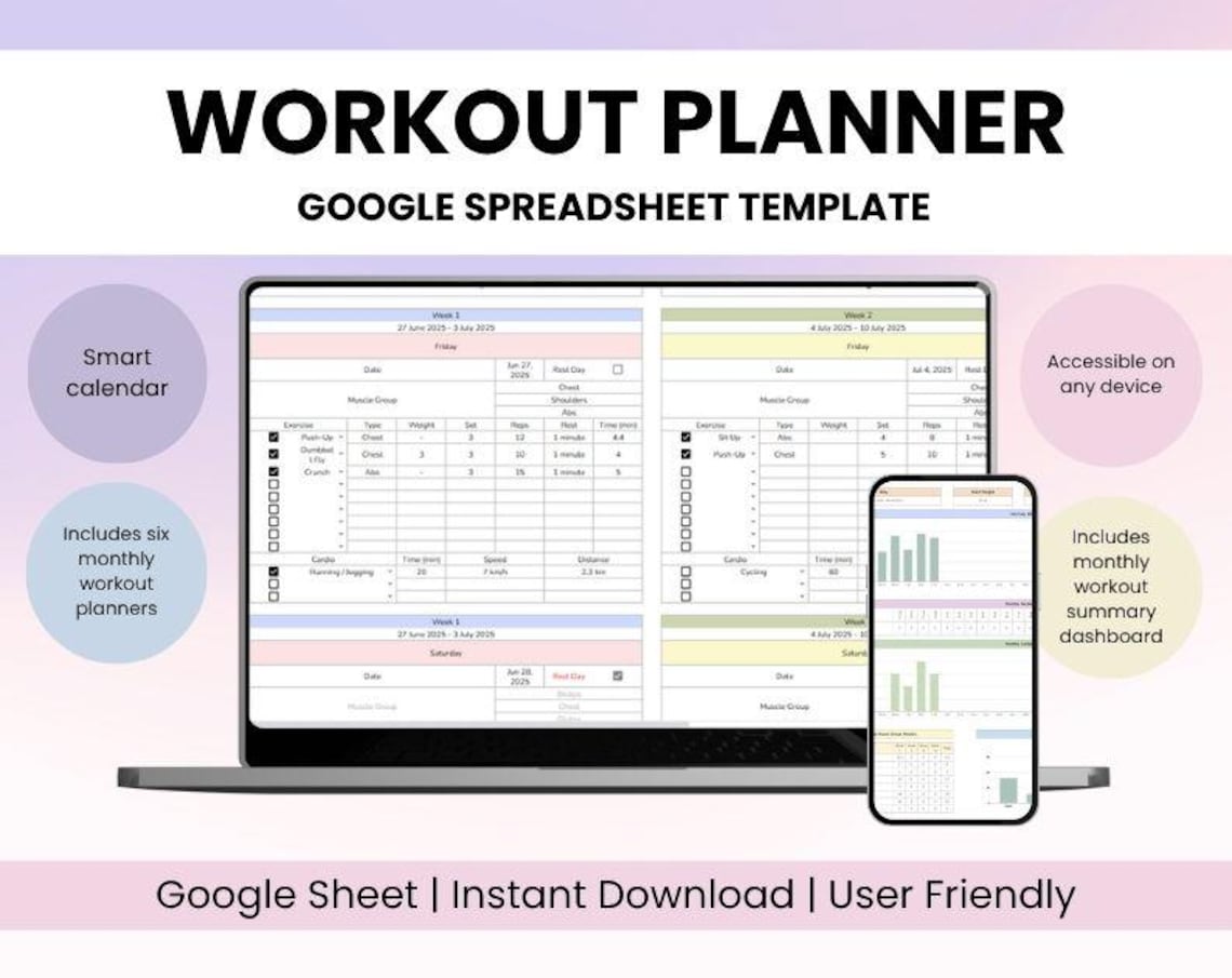Google Sheets Workout Tracker Template | Exercise Planner, Routine ...
