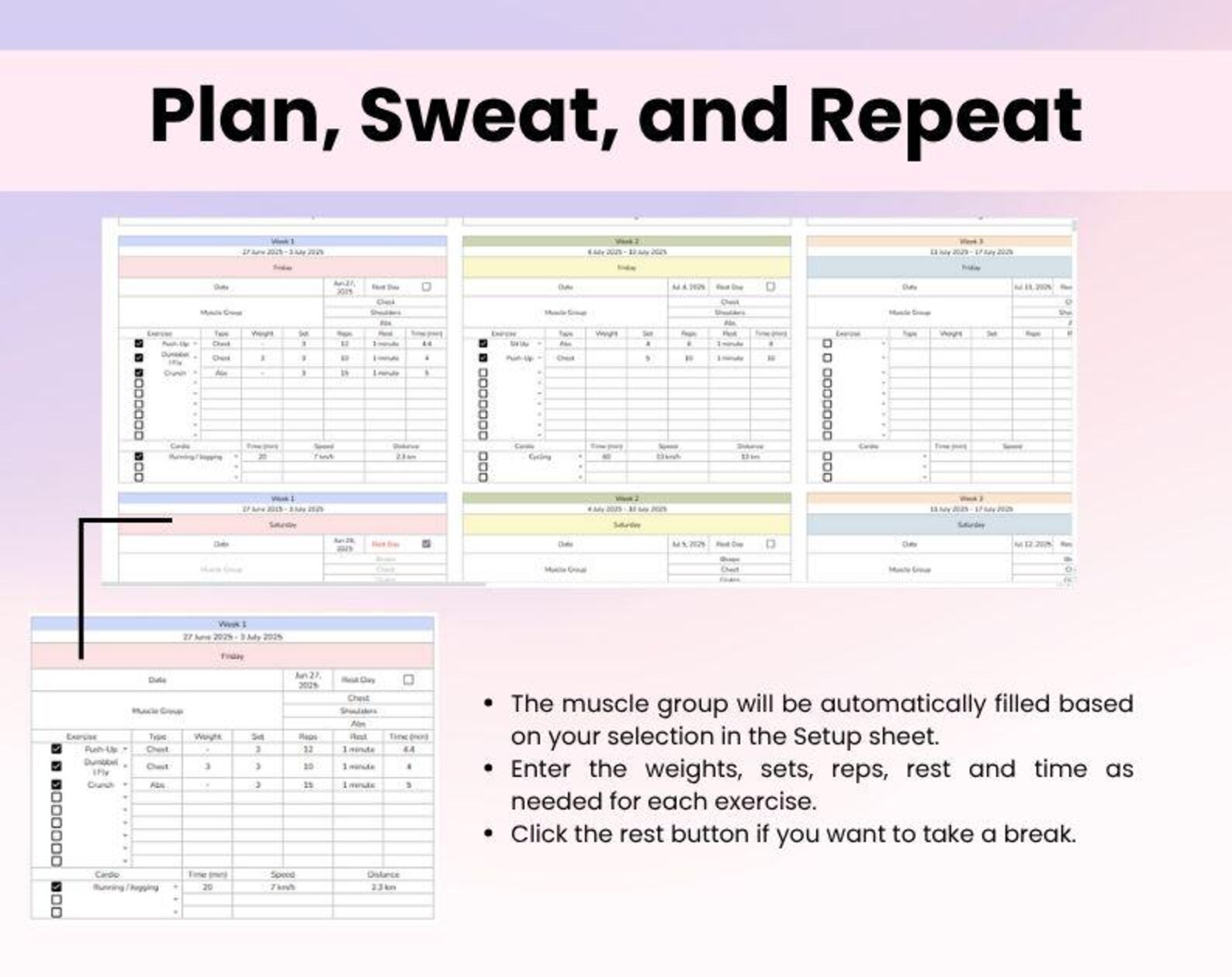 Google Sheets Workout Tracker Template | Exercise Planner, Routine ...