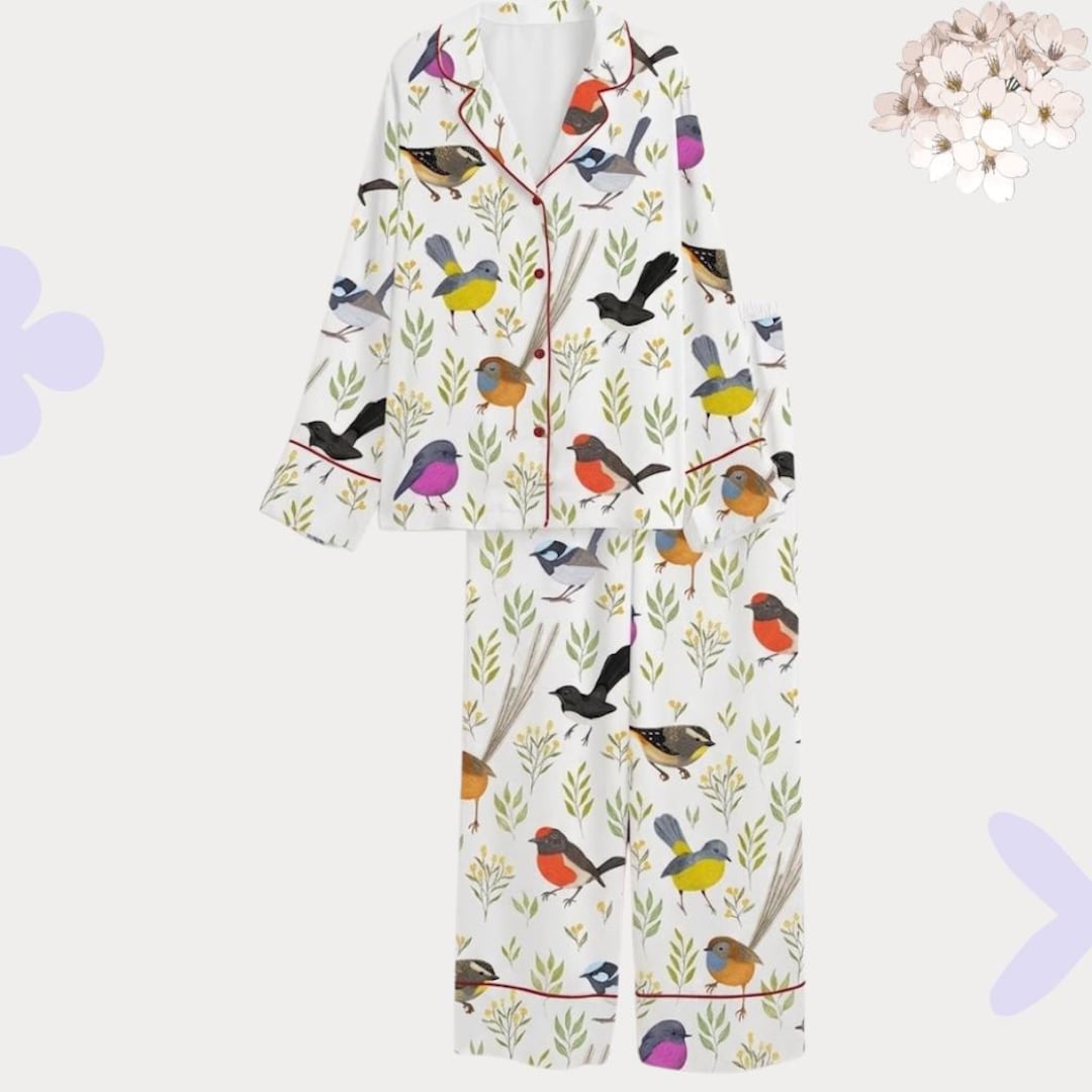 Australian Birds Pajama Set – Hand-drawn Bird Print Sleepwear – Gift ...