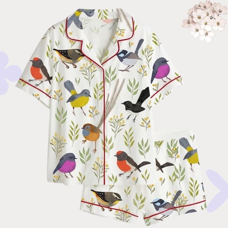 Australian Birds Pajama Set – Hand-drawn Bird Print Sleepwear – Gift ...