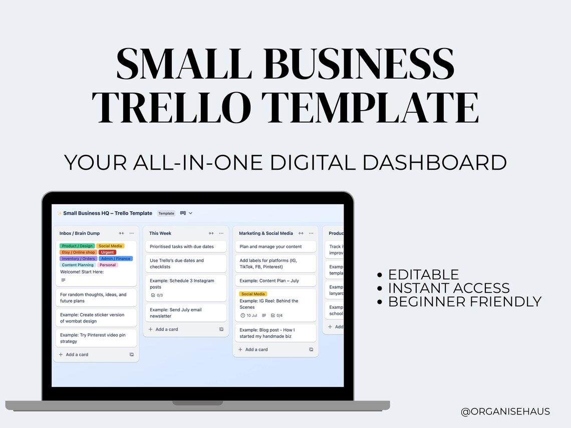 Small Business Trello Template | Digital Business Planner | Social ...