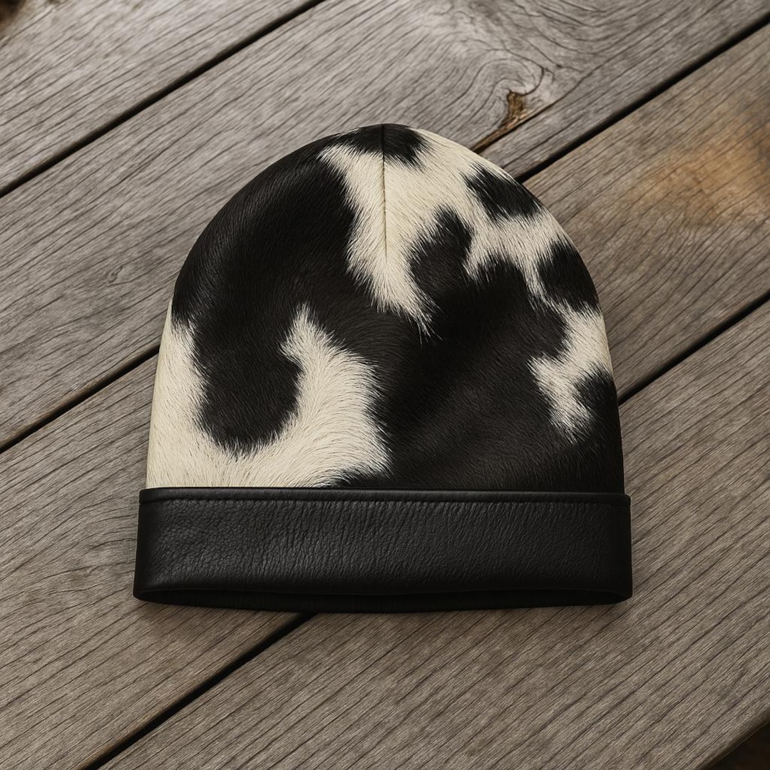 Handmade Brown and White Cowhide Leather Beanie Winter Hair on Hat for ...