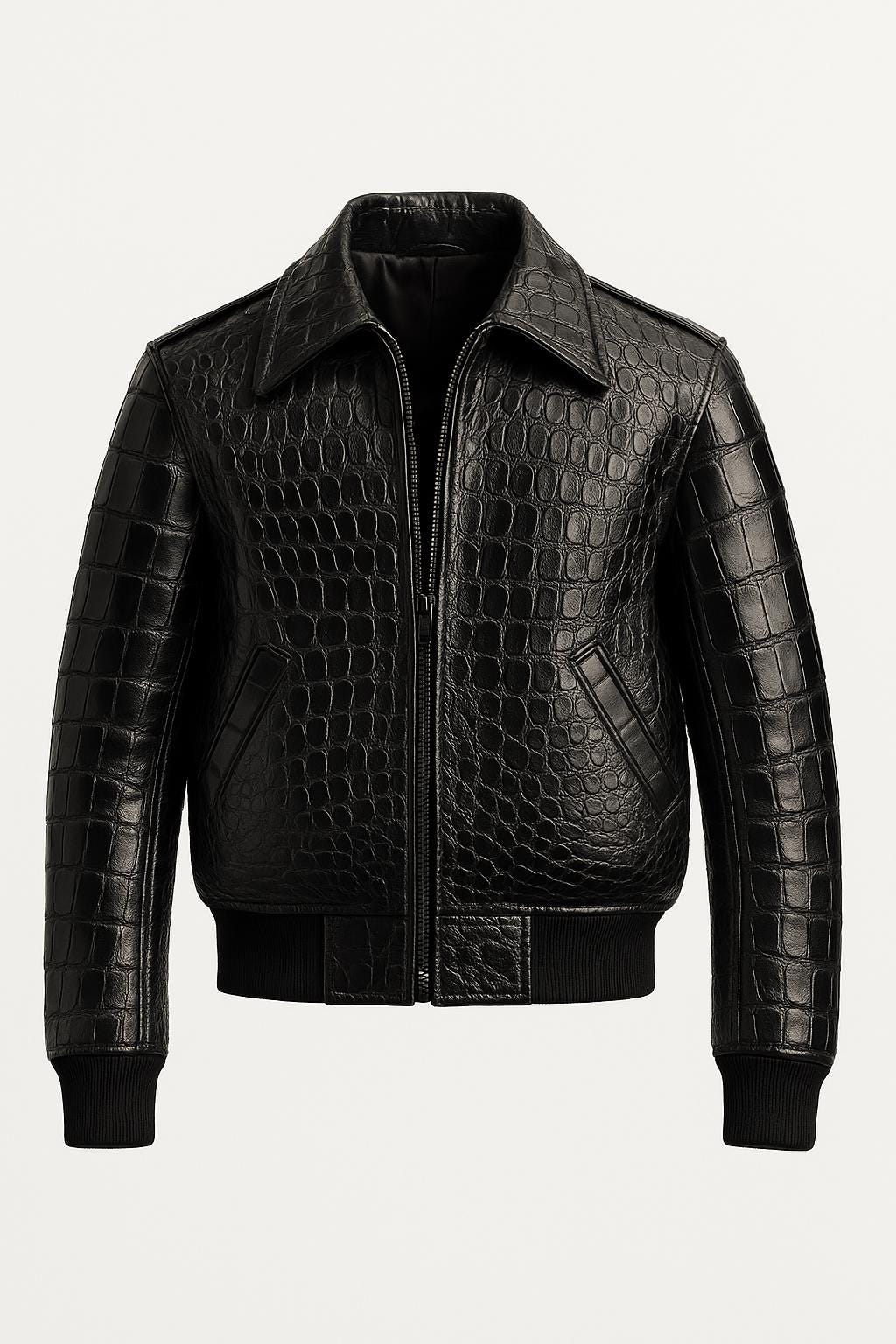 Aviator Black Alligator Leather Jacket for Men's Cow-skin With ...