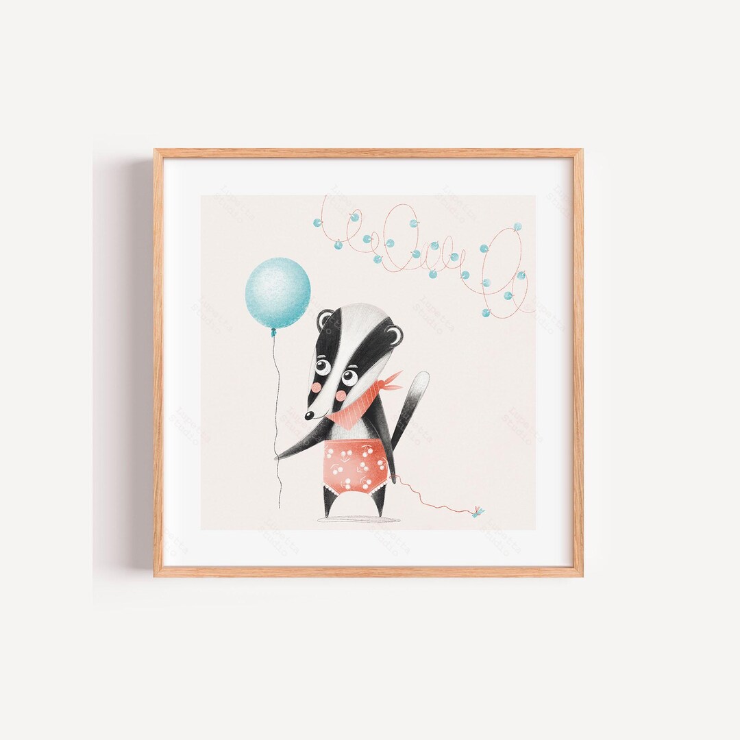 Badger and the Moon Balloon— Nordic Nursery Wall Art - Etsy