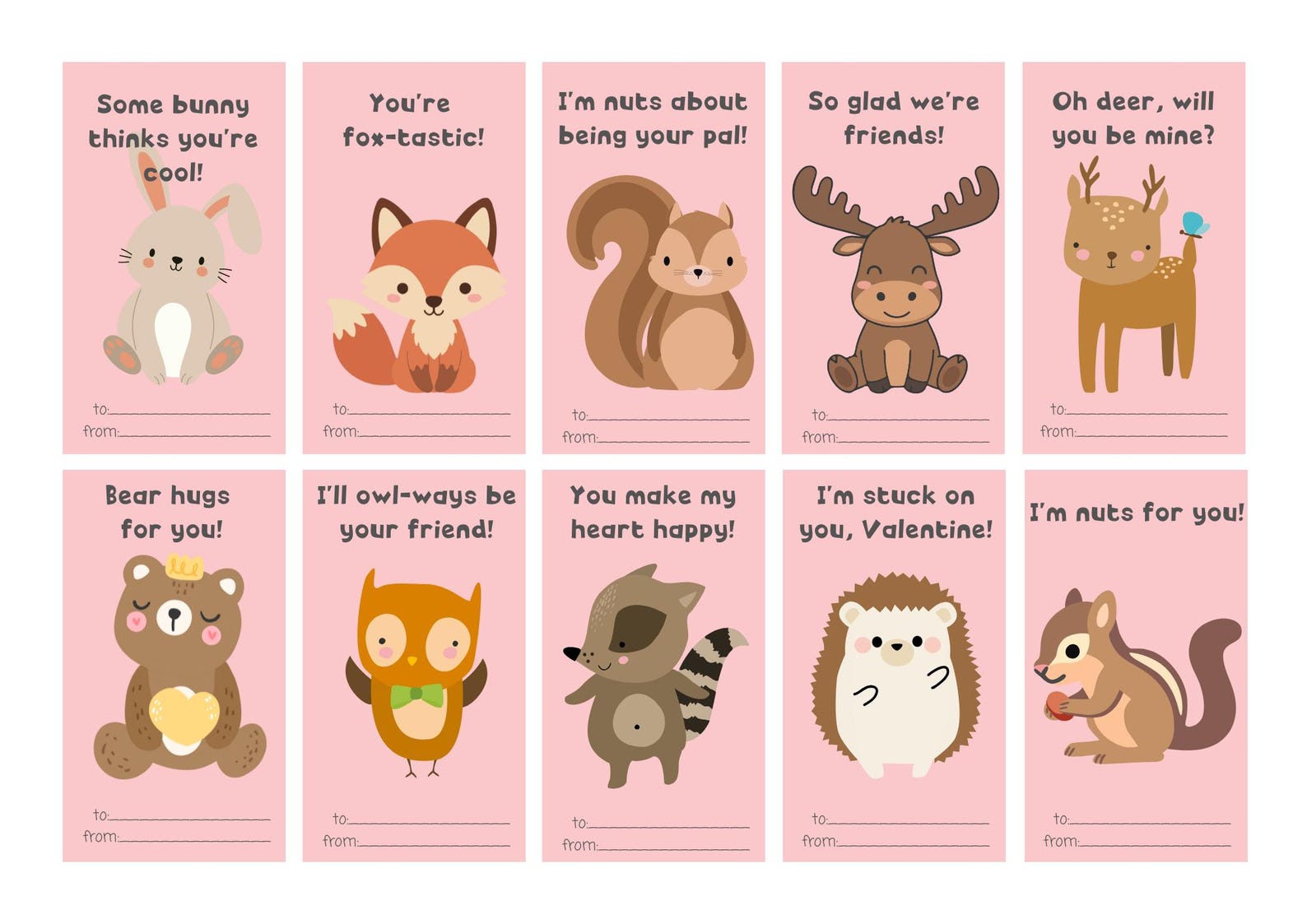 Woodland Animals Valentines Cards | Kids Print and Share | 10 Cards - Etsy