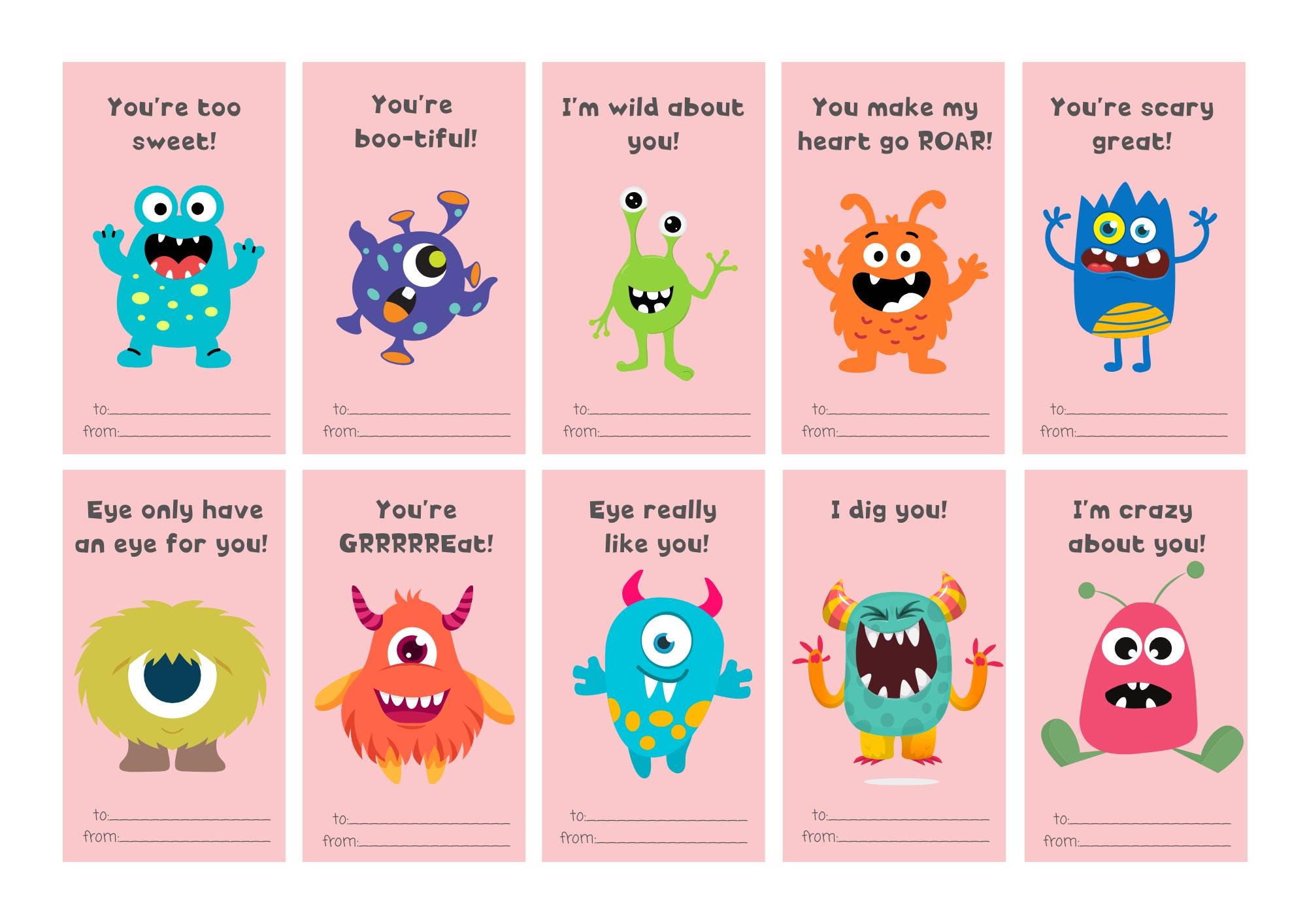 Silly Monsters Valentines Cards | Kids Print and Share | 10 Cards - Etsy