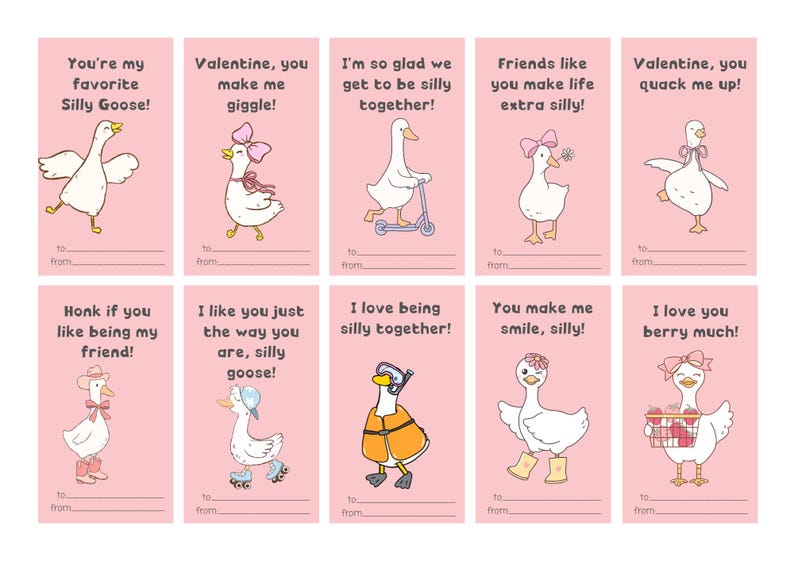 Silly Goose Valentines Cards | Kids Print and Share | 10 Cards - Etsy