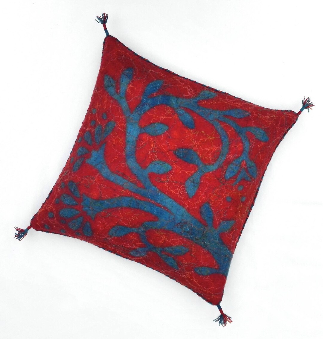 Felted Cushion Cover, Red and Blue With Flower, 50 X 50 Cm 19,68 X 19 ...