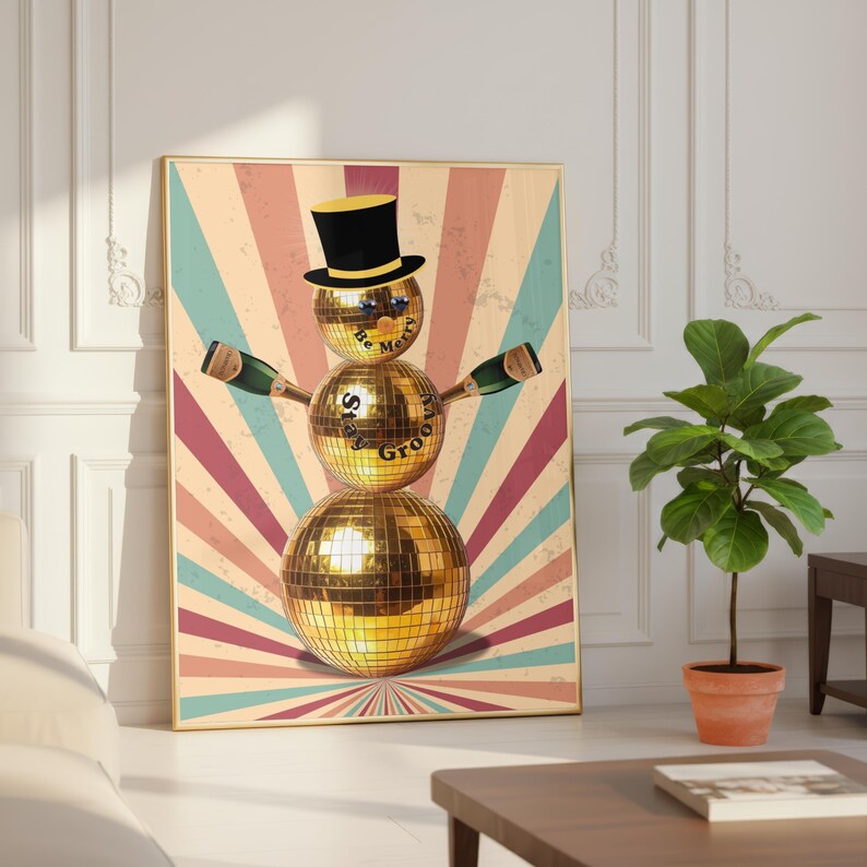Funny Christmas Retro Disco-ball Snowman Print Funky Holiday Bar Cart ...