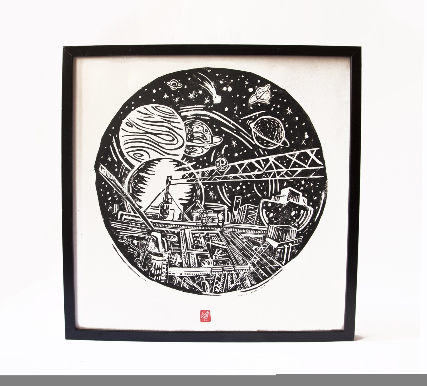 LINOCUT PRINT- Magrathea- artistic print- The Hitchhiker's Guide to the ...