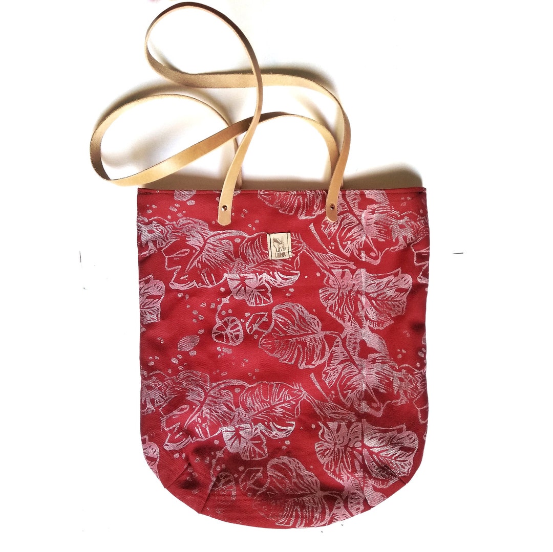 TOTE BAG Red, Doubleface Handprinted and With Leather Shoulder Handles ...