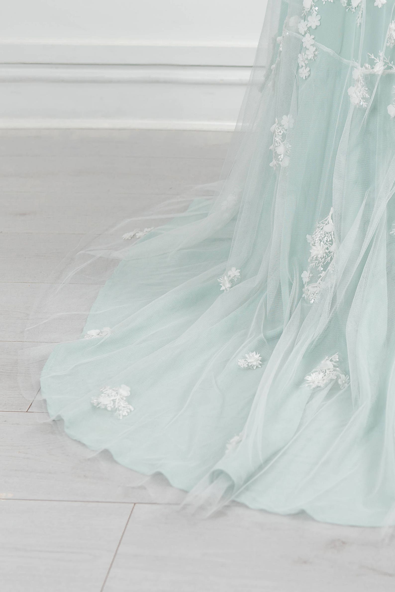 Snowdrop Dress - Floral Embellished Lace and Pale Green Silk Wedding ...