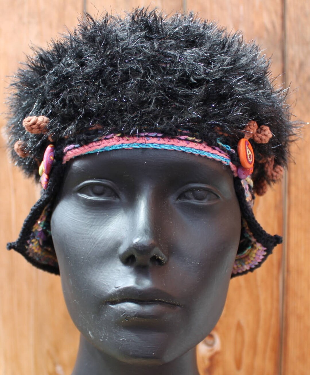 Cute Black Fuzzy Crochet Hat With Beige Curly Whirlies... - Etsy
