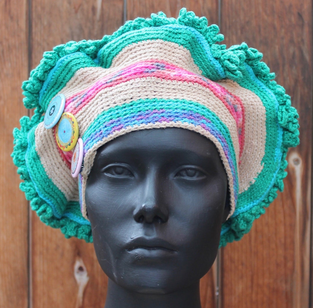 Funky Huge Blue Beige & Pink Crochet Hat... - Etsy 日本