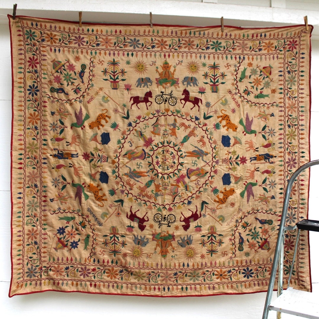 Antique Hindu Gujarati Needlework Wall Tapestry-67"x61"inches - Etsy
