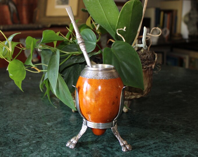Vintage Eberle Mate Gourd on an Alpaca Tripod Stand and Tea Straw Set ...