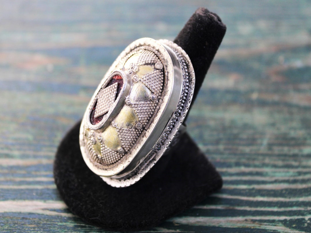 Vintage Large Silver Kazakh Ring With Red Glass Center-size 12 - Etsy