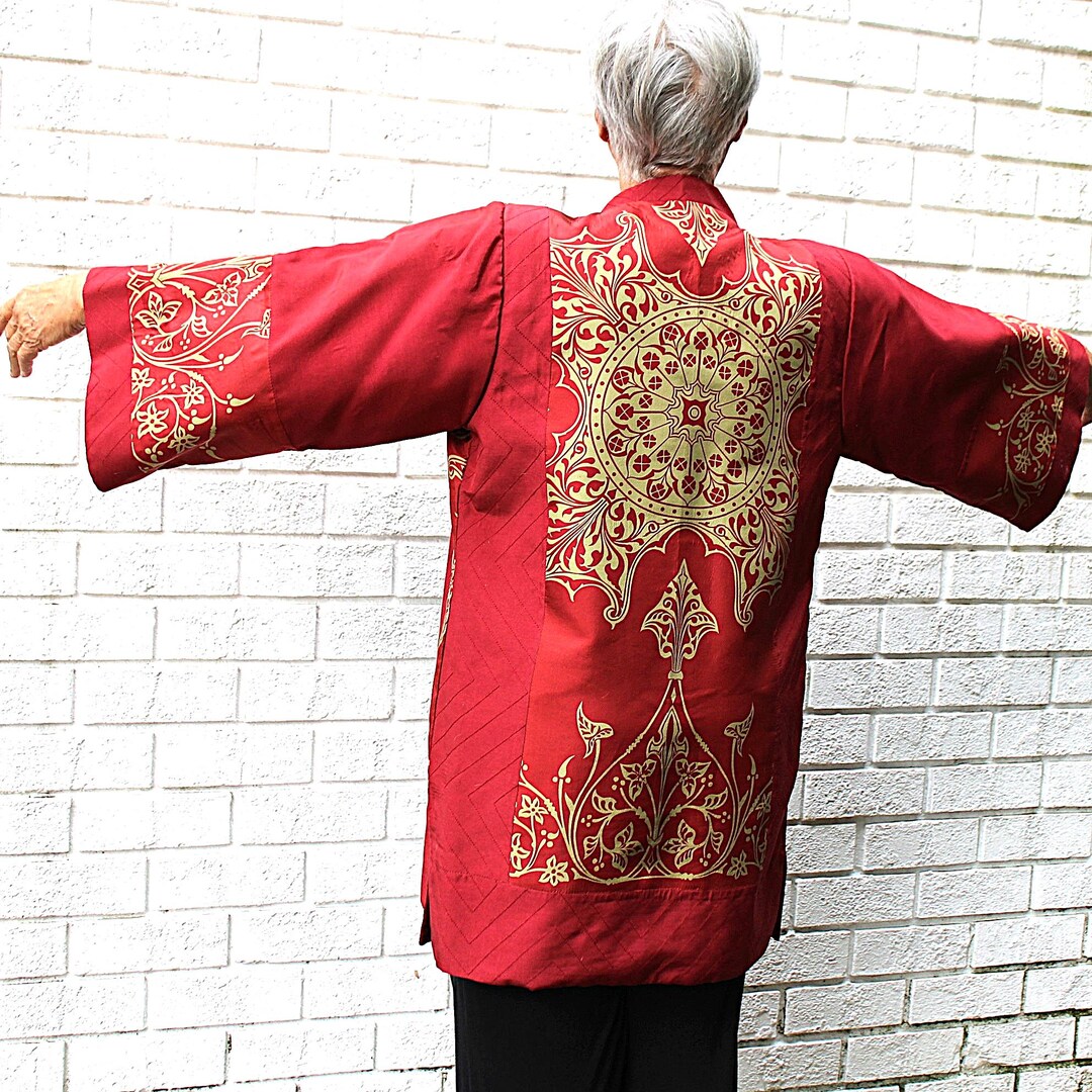 Vintage Red Burgundy Jacket With Gold Painted Floral Panel Inserts ...