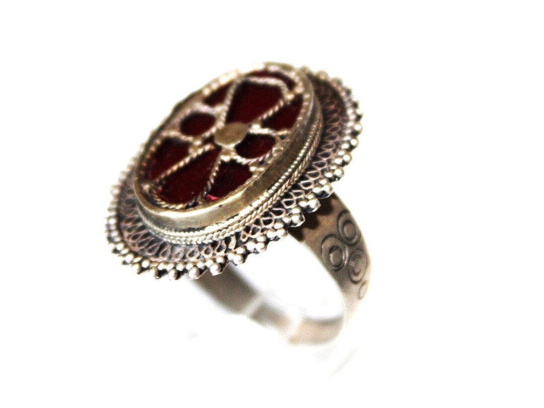 Silver Kazakh Ring With Red Glass Center From Central Asia-vintage-size ...