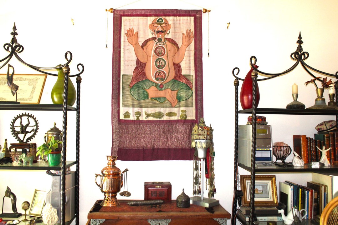 Tantra Sadhu Tapestry of Silk Painting Mounted on Silk Sari by Old Silk ...