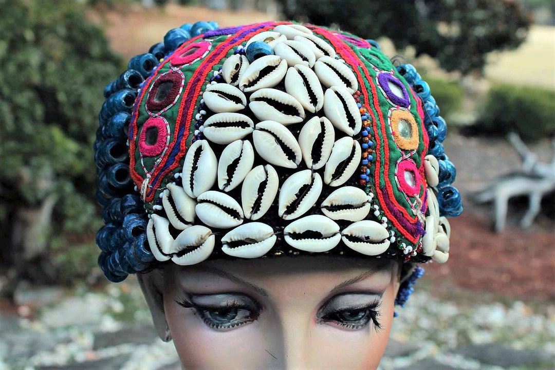 Vintage Tribal Kuchi Cap/hat With Shell, Bead Work, Hand Embroidery ...
