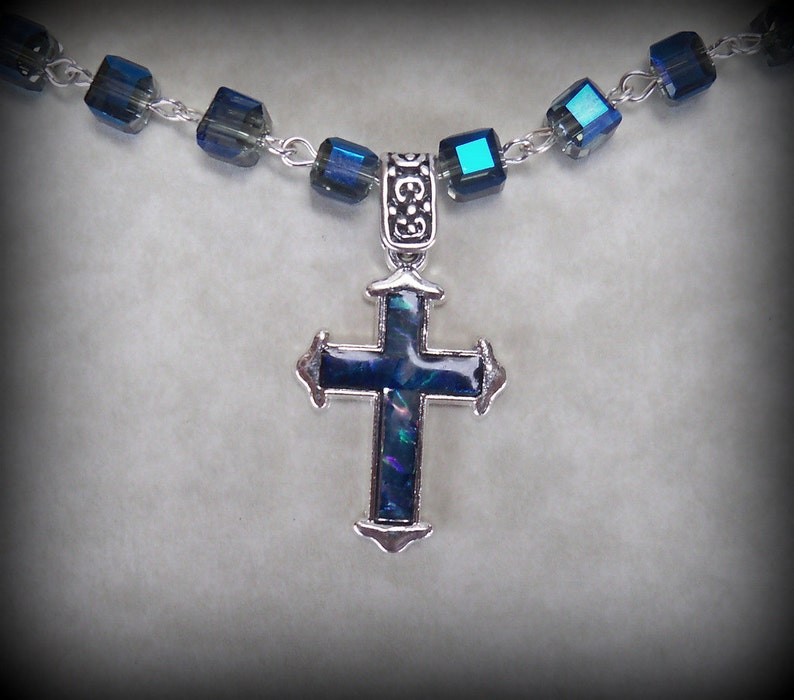 Blue Crystal Necklace Abalone Shell Cross Pendant | Etsy