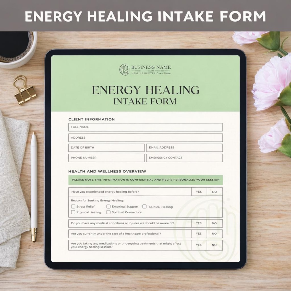 Energy Healing Intake Form Printable Client Intake Template for ...