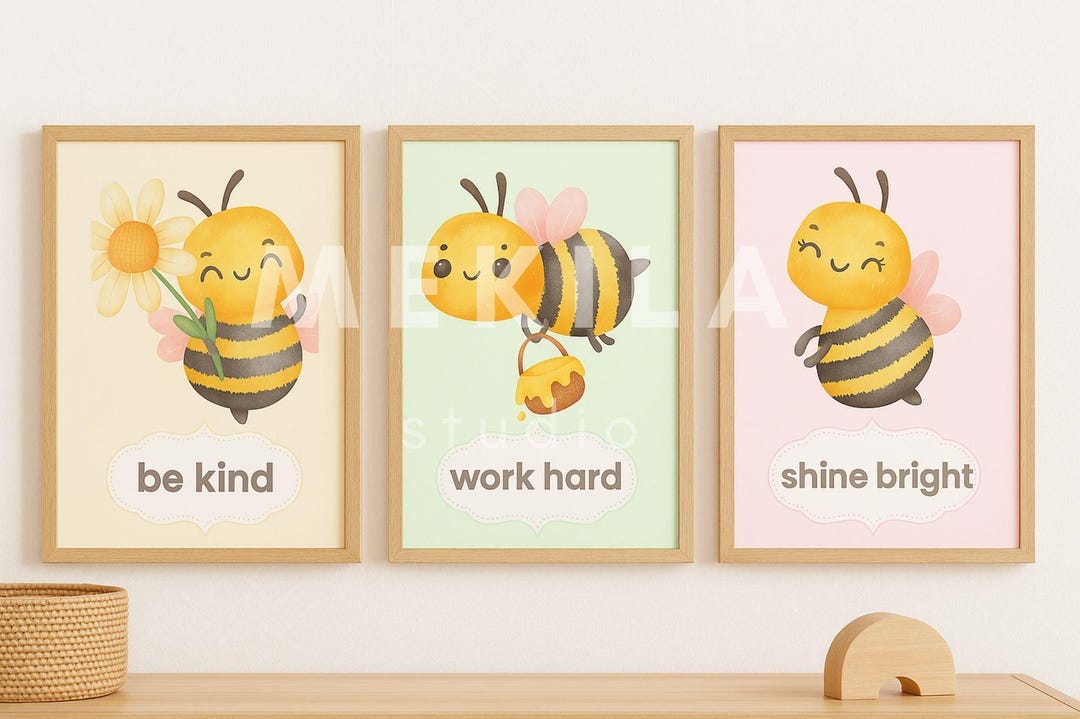 Bee-themed Motivational Wall Art Set – “be Kind”, “shine Bright”, “work ...