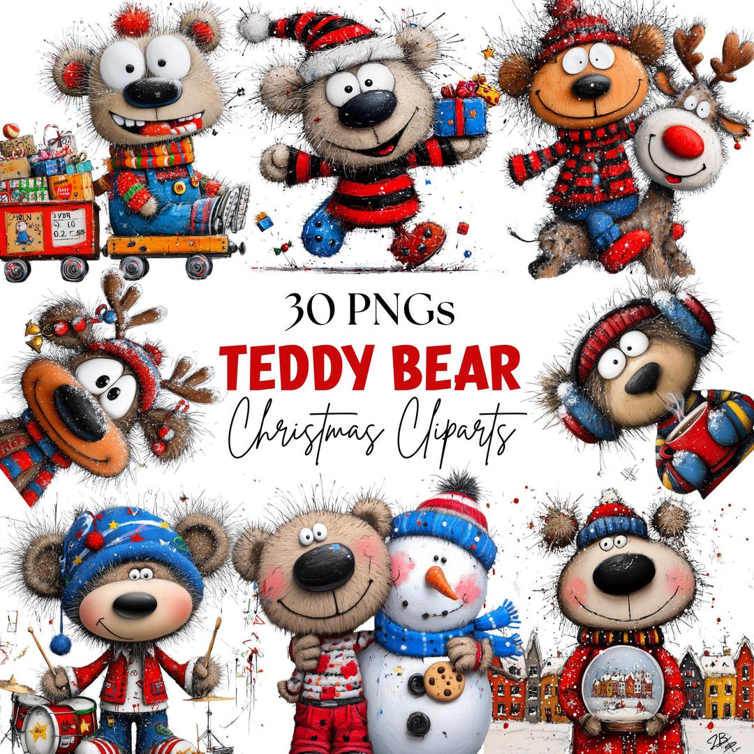 Whimsical Christmas Teddy Bear Clipart Bundle: 30 Pngs for Holiday ...