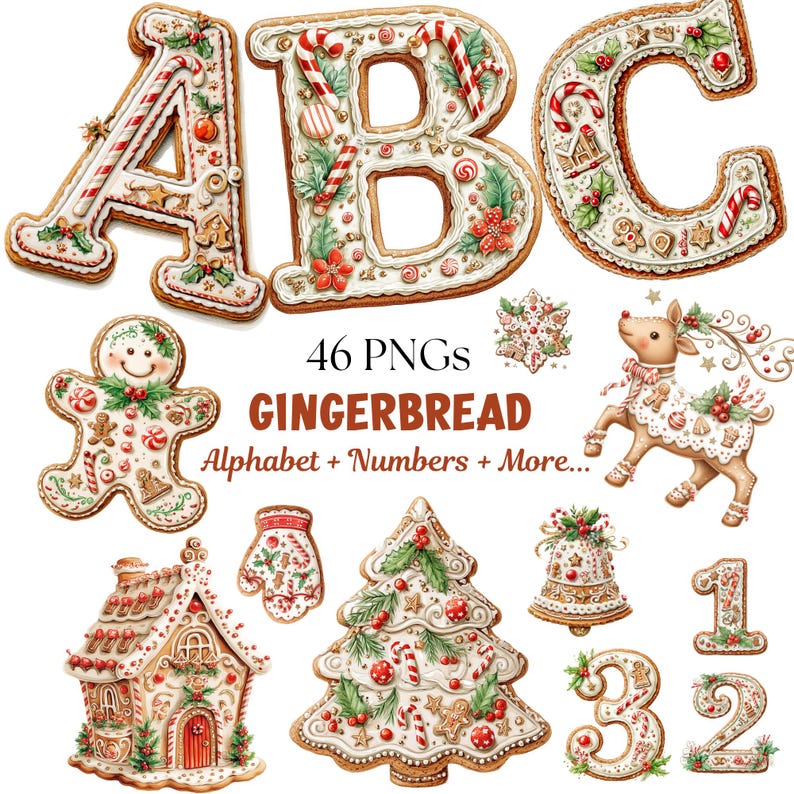 Gingerbread Alphabet Clipart 46 Christmas Cookie Letters and Numbers ...
