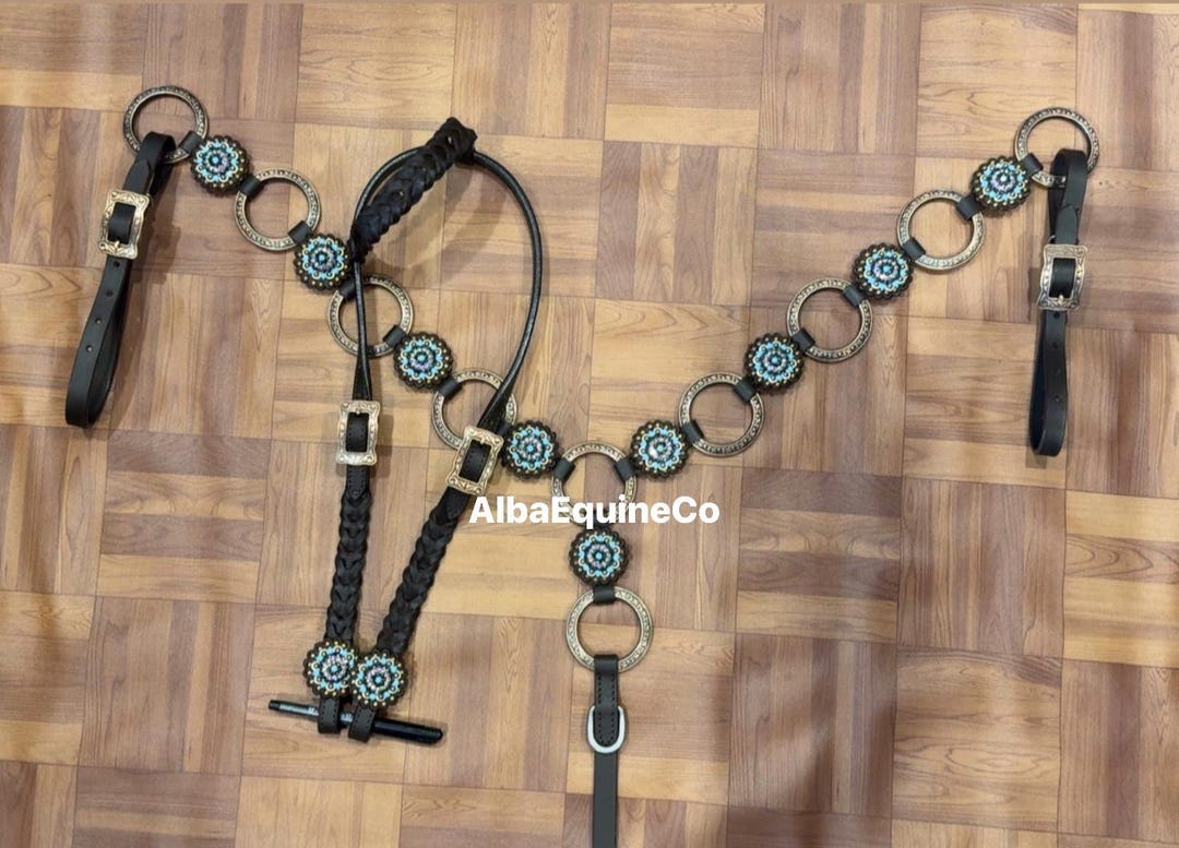 Western Brown Leather Ring Tack Set of Headstall and Breast Collar With ...
