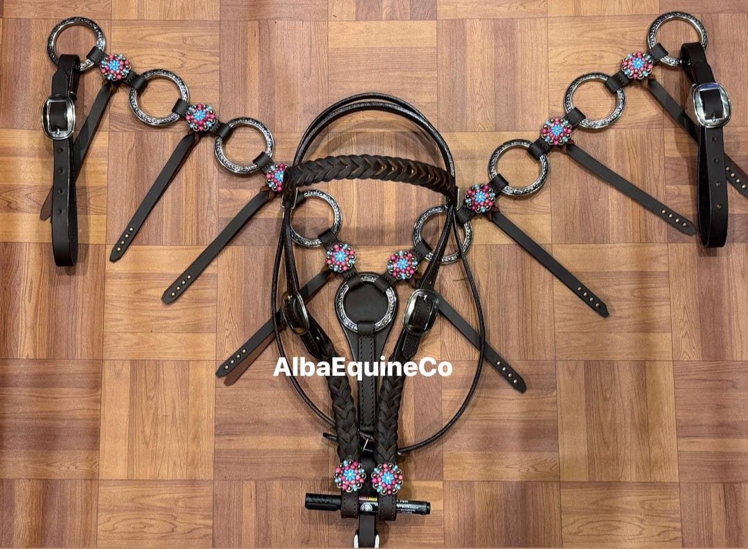 Western Brown Leather Ring Tack Set of Headstall and Breast Collar With ...