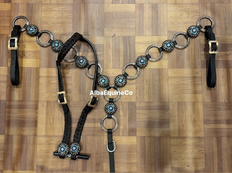 Western Brown Leather Ring Tack Set of Headstall and Breast Collar With ...