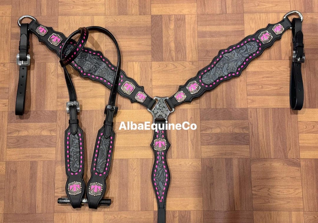 Western Black Leather Bling Tack Set of Headstall and Breast Collar ...
